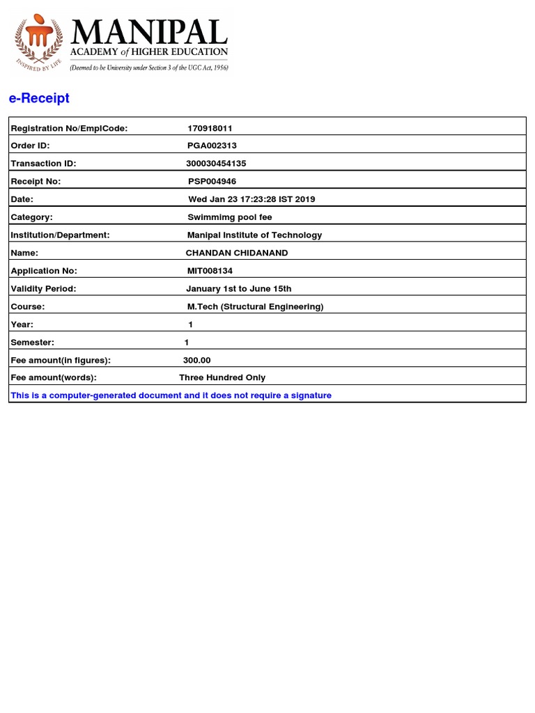 E-Receipt: This Is A Computer-Generated Document and It Does Not ...