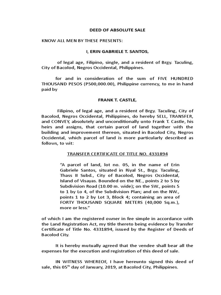 Deed of Absolute Sale (Real Property) | PDF | Land Lot | Law And Economics