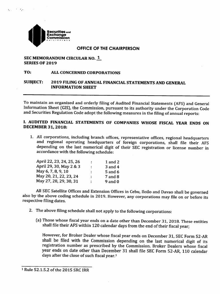 SEC - MC#1 - Series - 2019 - 2019 Filing of AFS and GIS | PDF