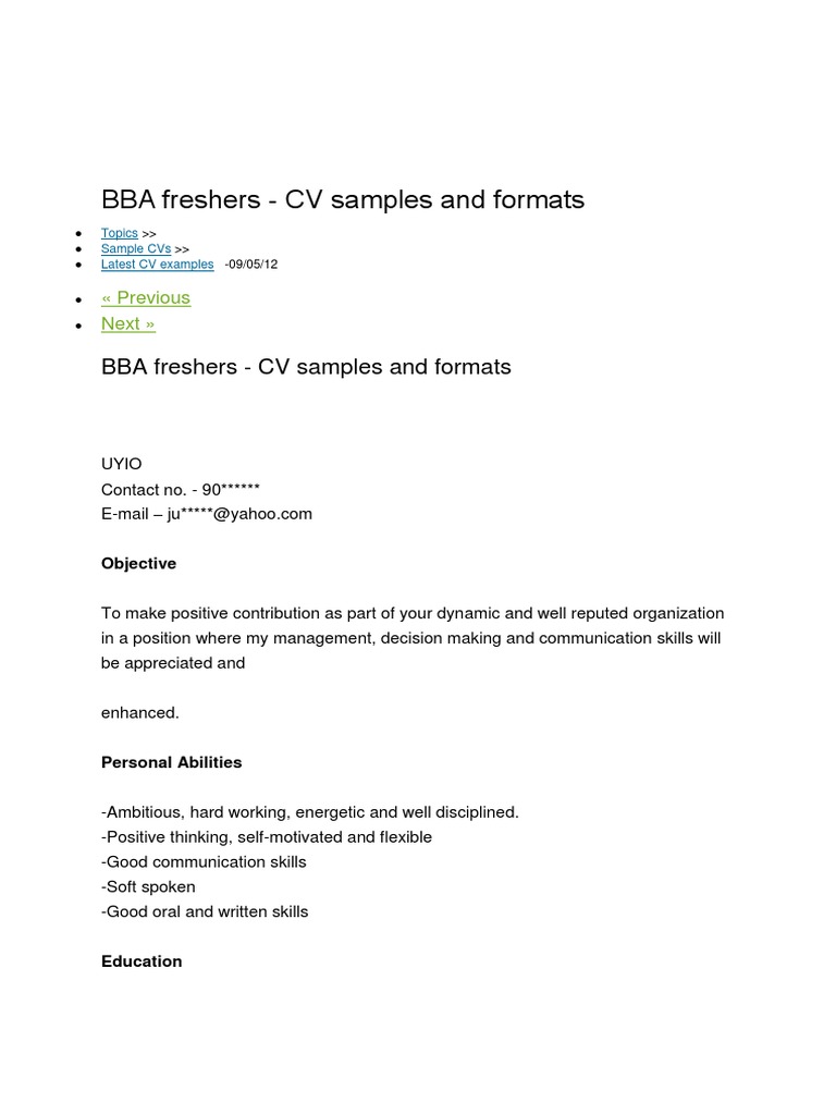 BBA Fresher CV Samples and Formats | PDF | Master Of Business ...