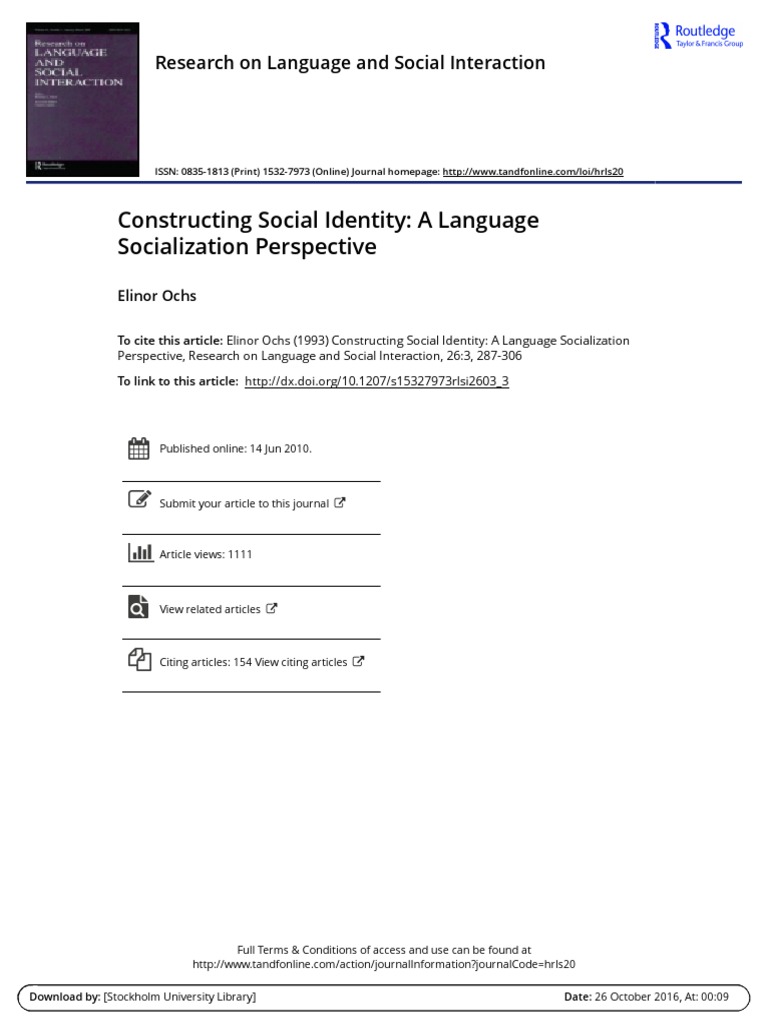 Constructing Social Identity A Language Socialization Perspective PDF ...