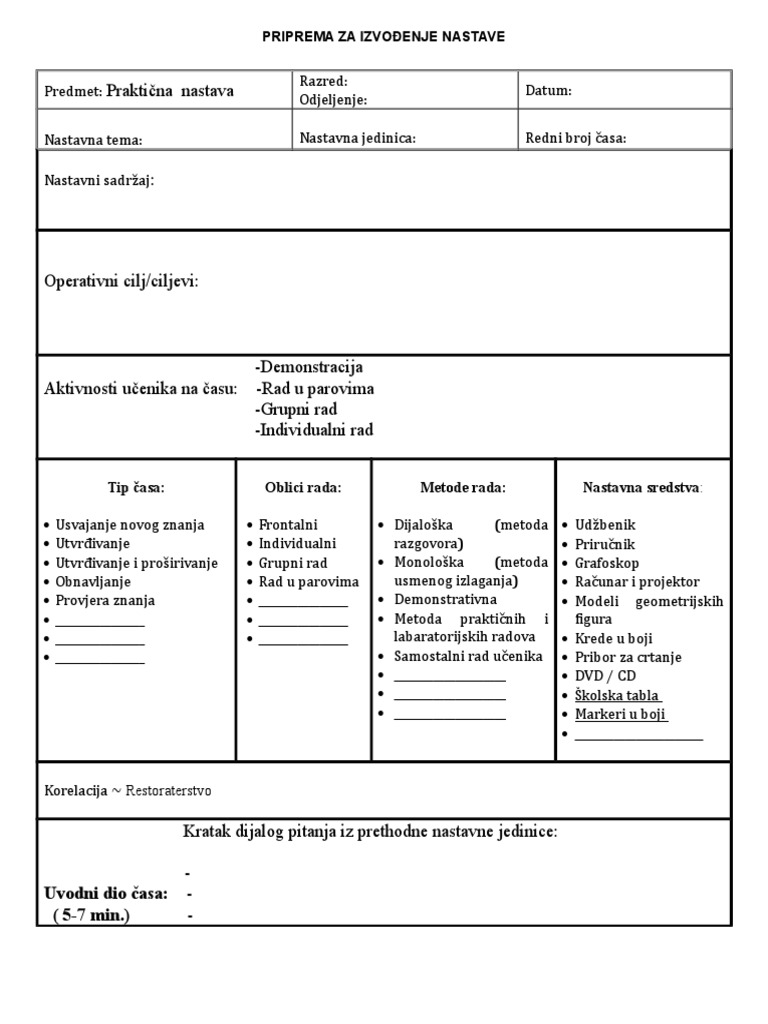 Forma Pisanja Pripreme Za Cas, Priprema Za Cas, Teaching | PDF