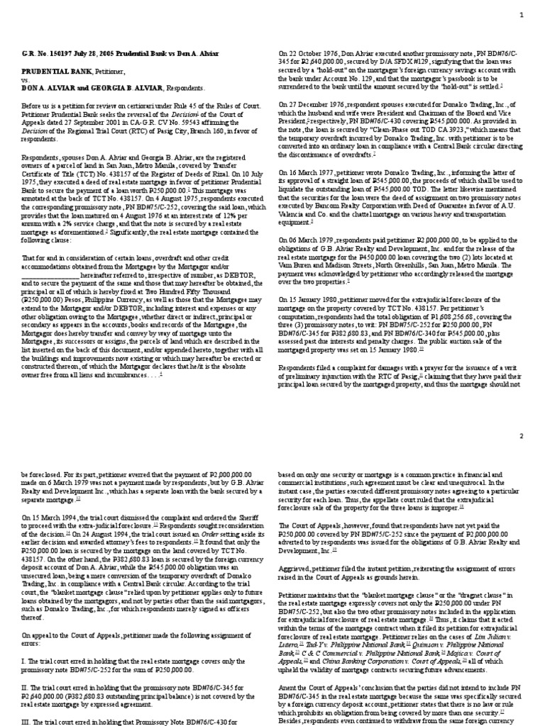0130 G R No 150197 July 28 2005 Prudential Bank Vs Don A Alviar | PDF ...