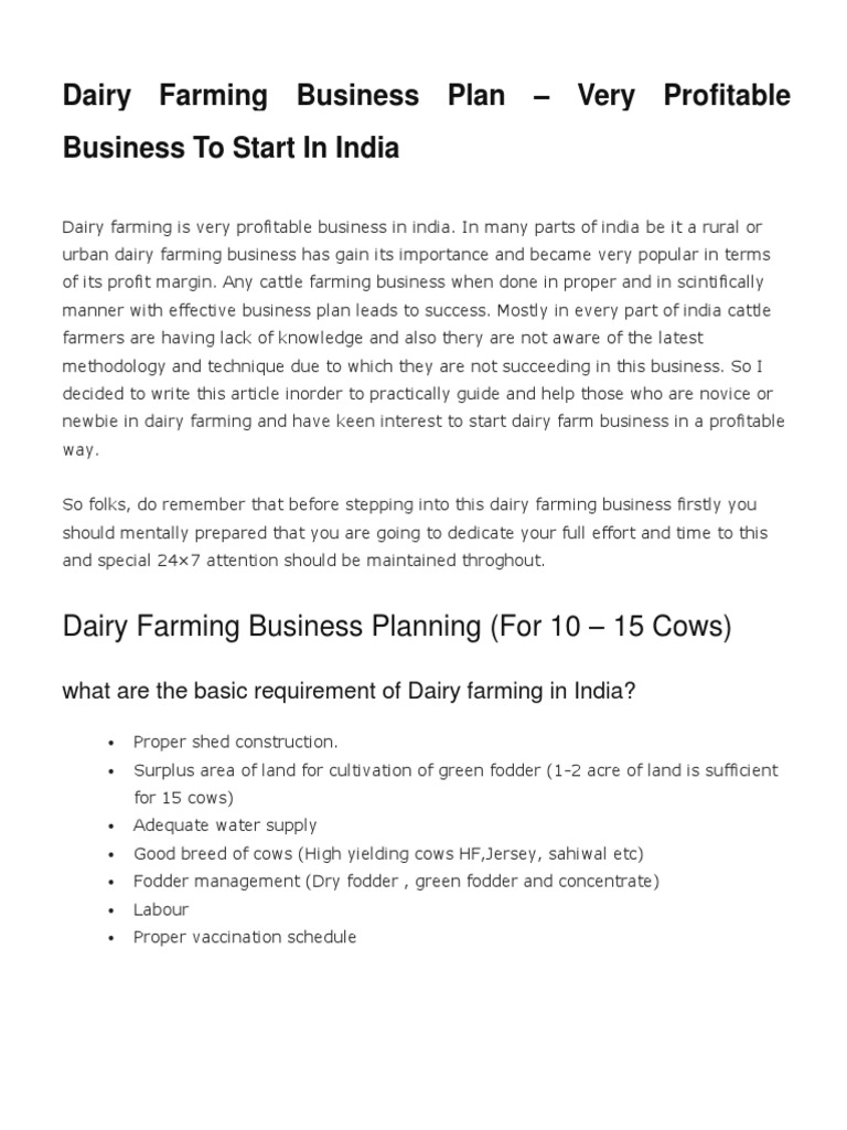 Dairy Farming Business Plan in India | PDF | Dairy Farming | Dairy