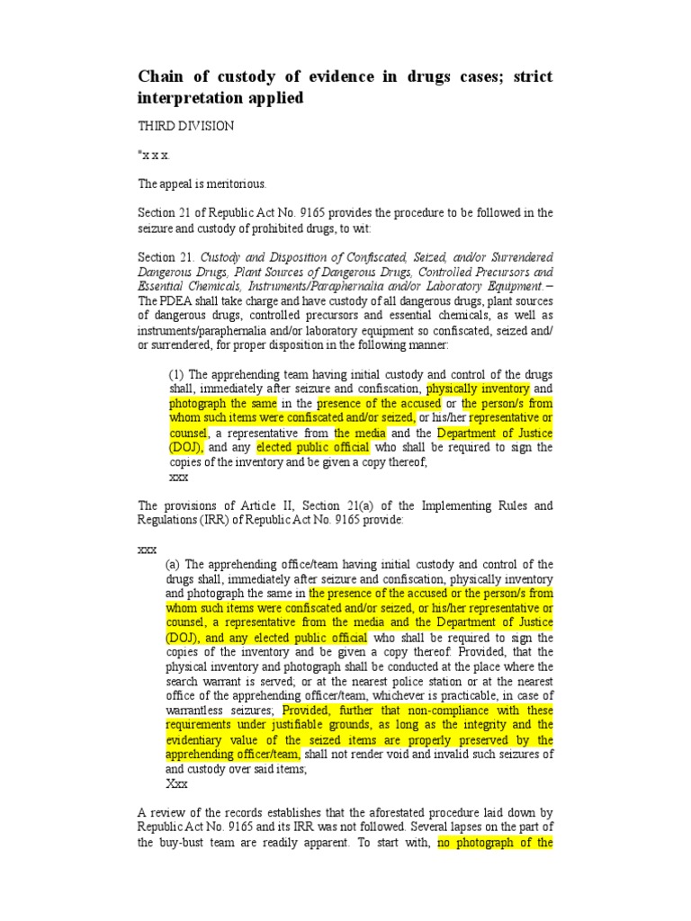 Chain of Custody of Evidence in Drugs Cases | PDF | Evidence | Burden ...