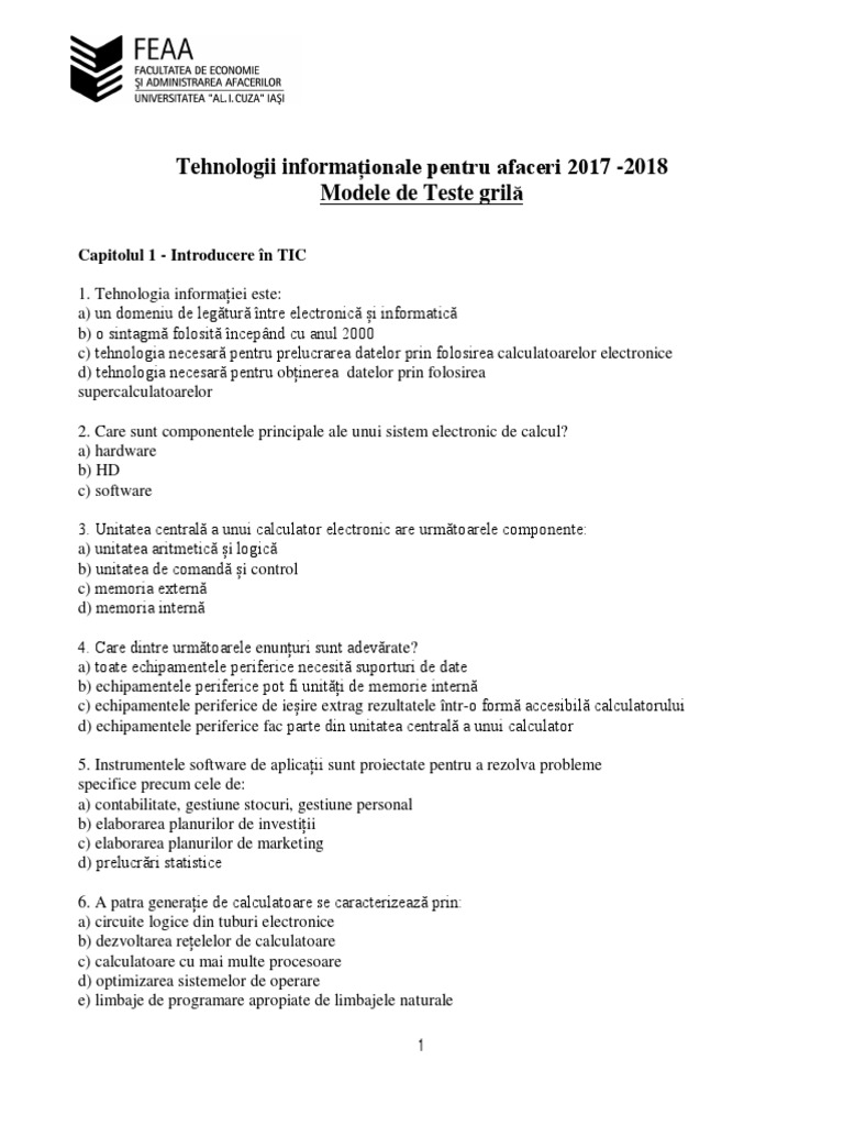 Modele de Teste Grila Pentru TIA 2017-2018 PDF | PDF