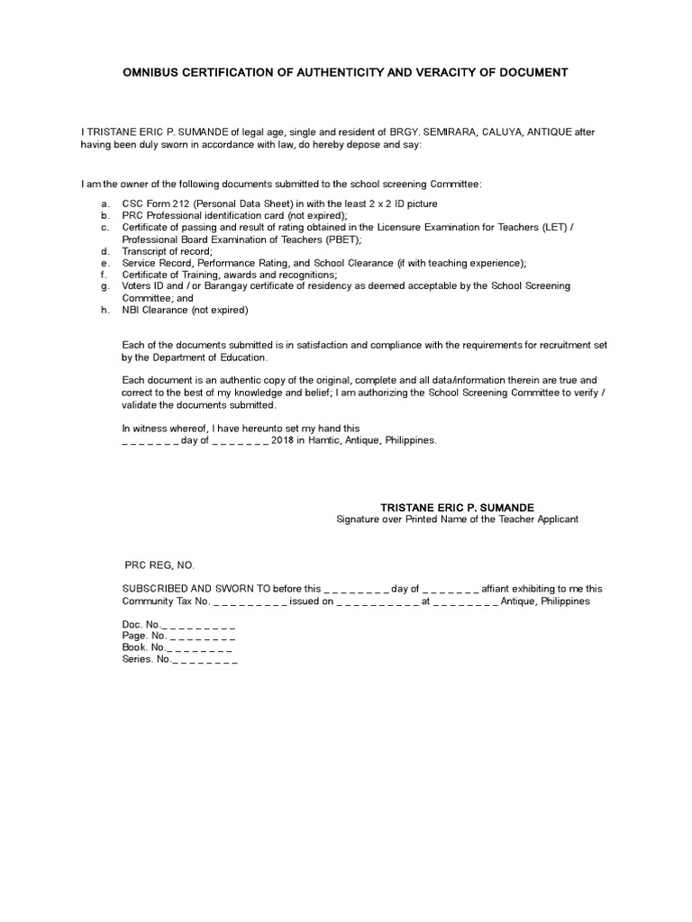 Omnibus Certification of Authenticity and Veracity of Document | PDF ...