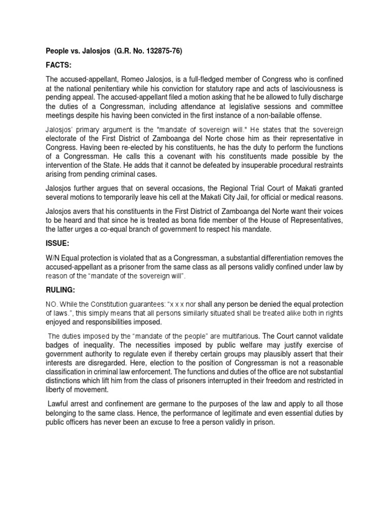 Jalosjos Case: Equal Protection Analysis | PDF | Equal Protection ...