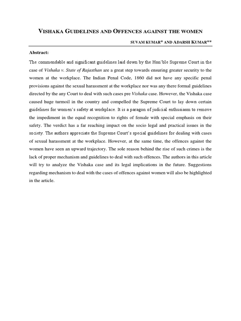Vishaka Guidelines: Women's Workplace Safety | PDF | Sexual Harassment ...