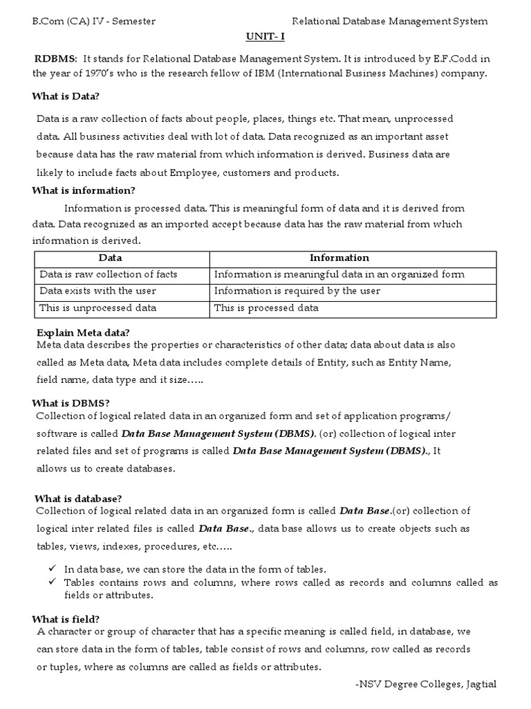 IV Sem RDBMS | PDF | Relational Database | Databases