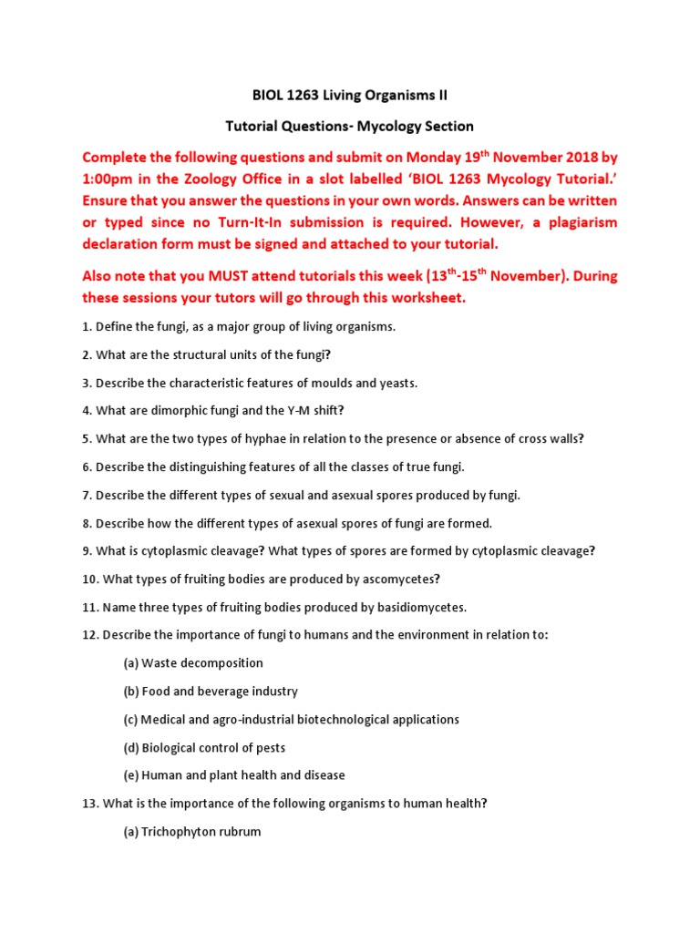 BIOL 1263 Living Organisms II Tutorial Questions-Mycology Section | PDF ...