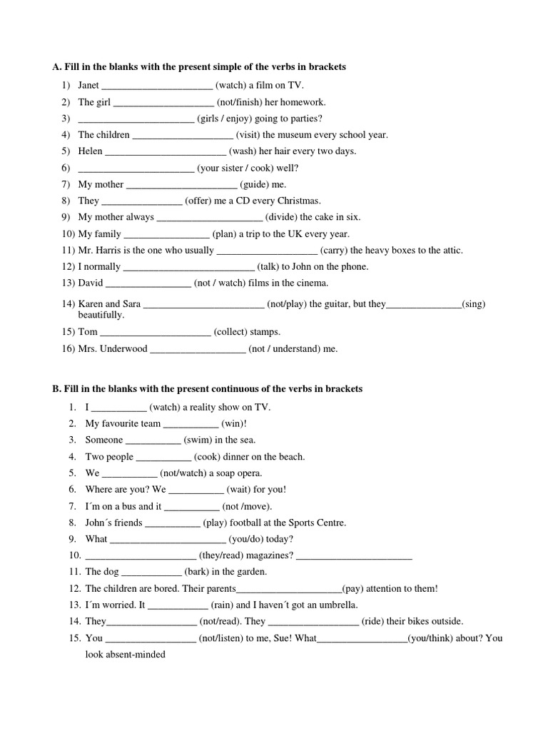 A. Fill in The Blanks With The Present Simple of The Verbs in Brackets ...