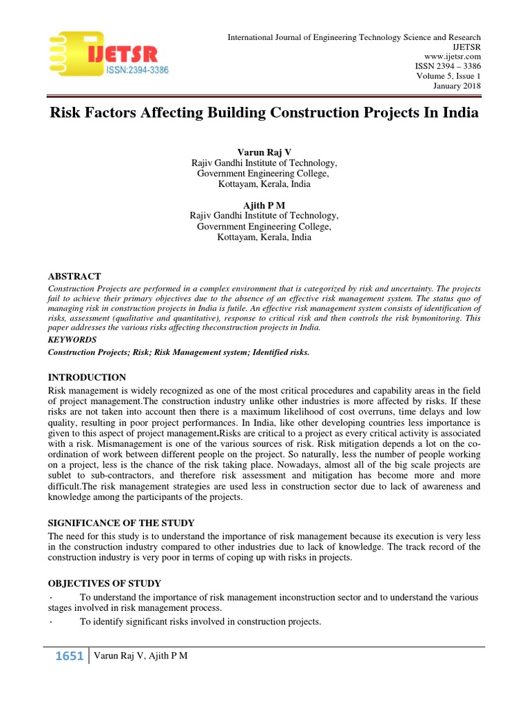 Risk Factors Affecting Building Construction Projects in India | PDF ...
