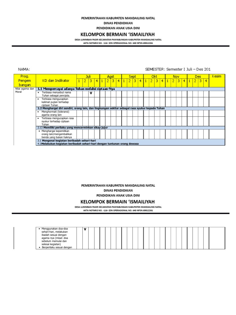 5 Contoh Penilaian Bulanan Paud | PDF