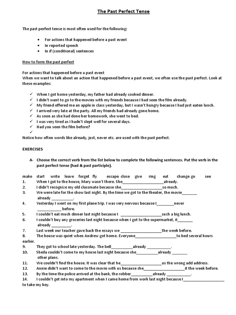 The Past Perfect Tense | PDF | Perfect (Grammar) | Language Mechanics