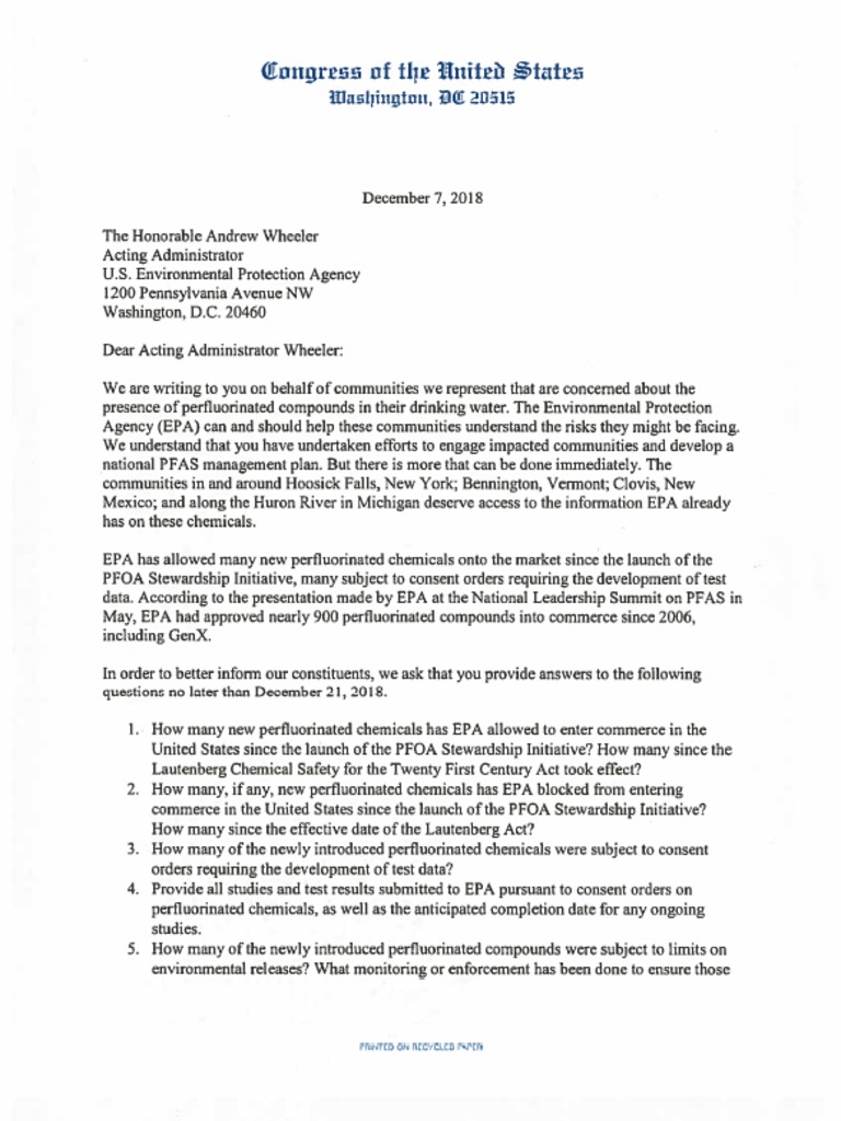 Energycommerce Members Letter To Epa On Pfas Data | PDF