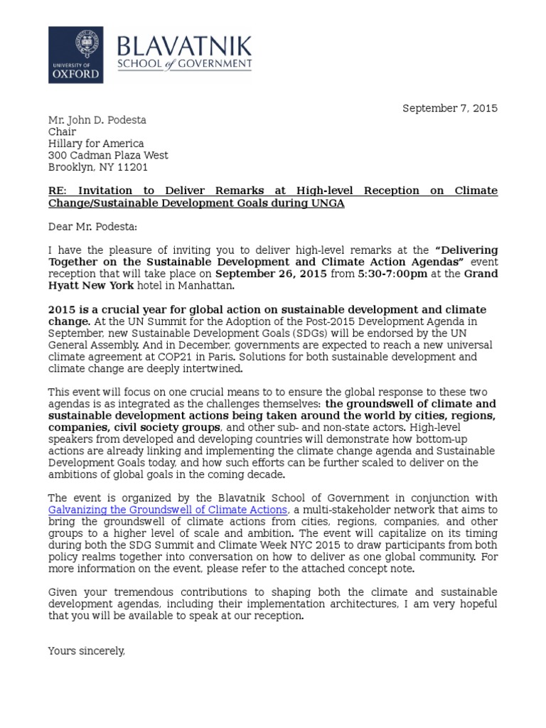 Mr. Podesta SDG-Climate Event Invitation | Download Free PDF ...