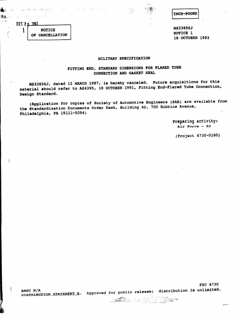 MS33656 Fitting End, Standard Dimensions For Flarfed Tube Connection ...