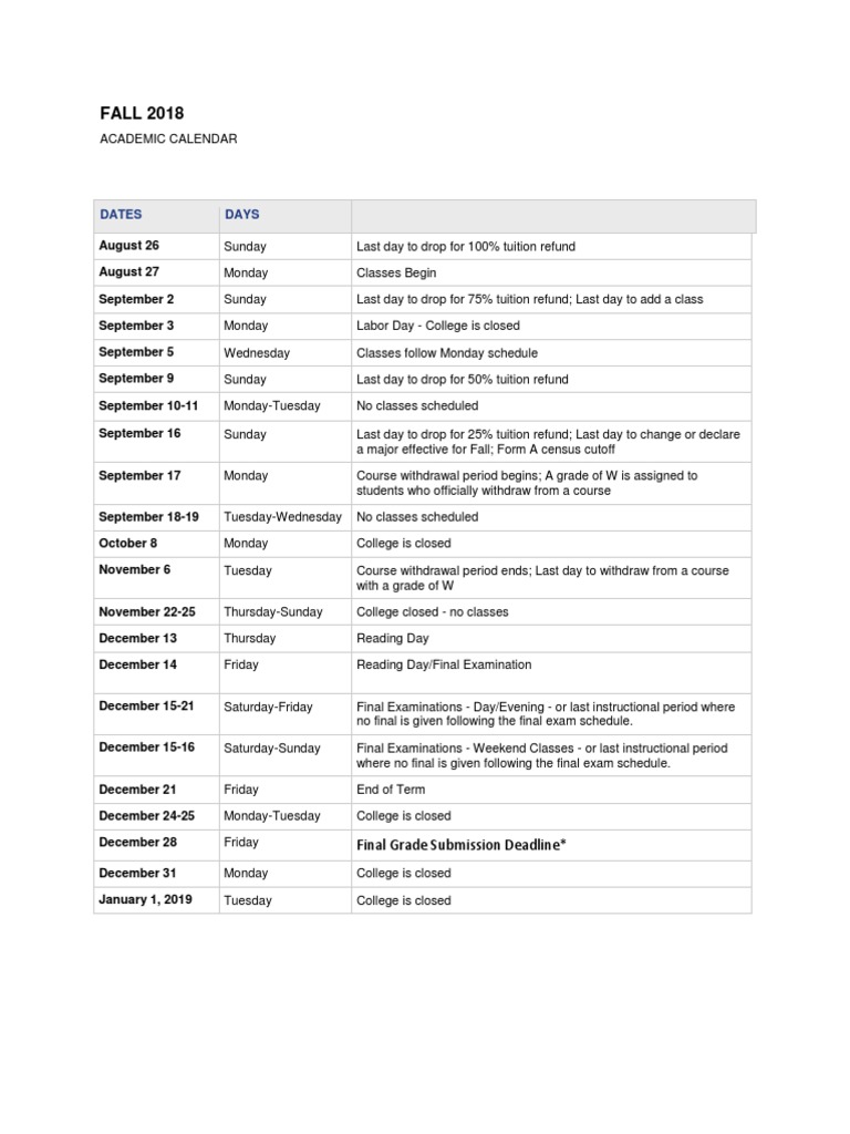 Fall 2018 Calendar | PDF