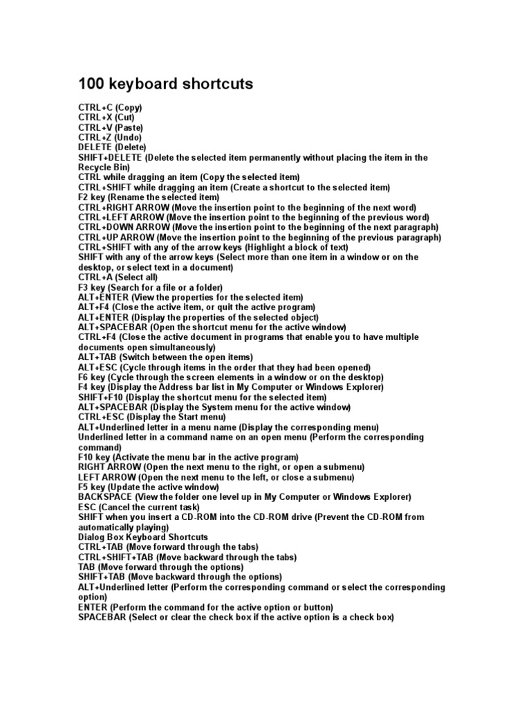 100 Keyboard Shortcuts | PDF | Computer Keyboard | Command Line Interface