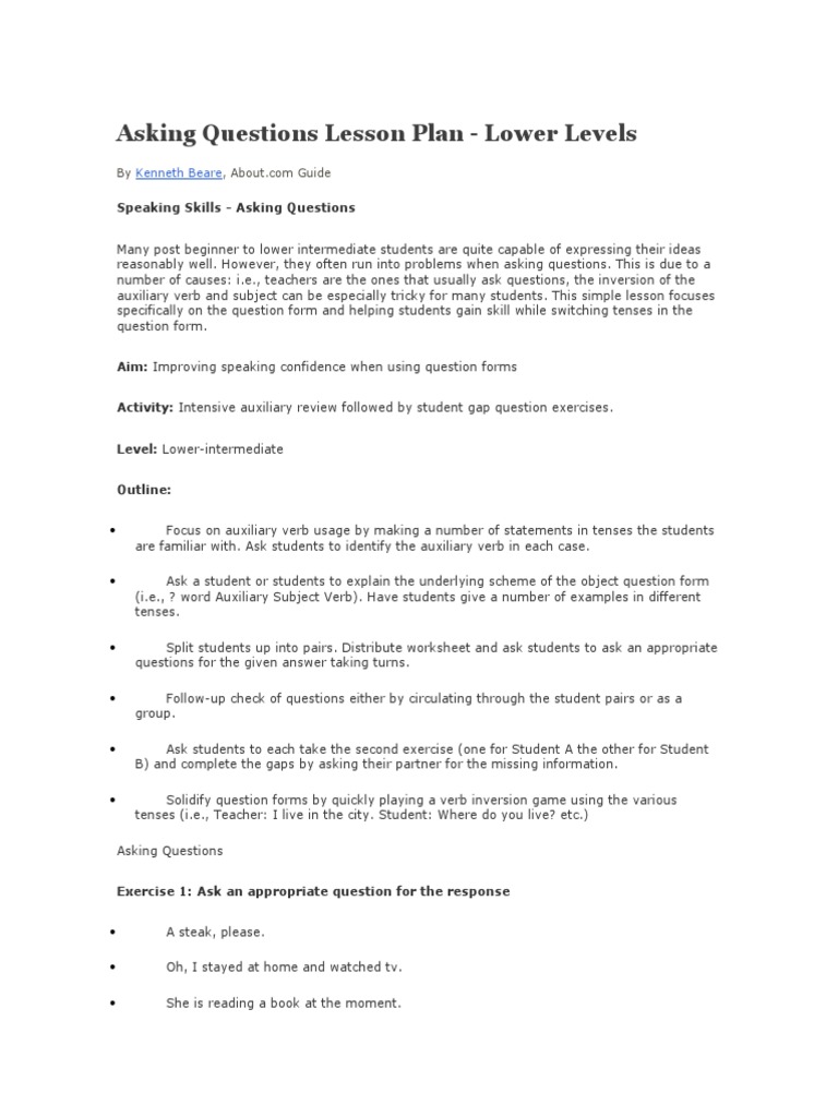 Asking Questions Lesson Plan - Lower Levels: Kenneth Beare | PDF ...