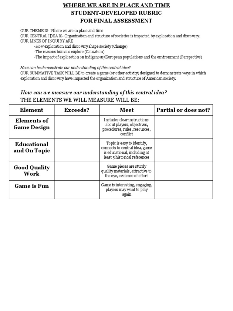 Where We Are in Place and Time - Student Directed Summative Assessment Rubric | PDF | Cognition ...