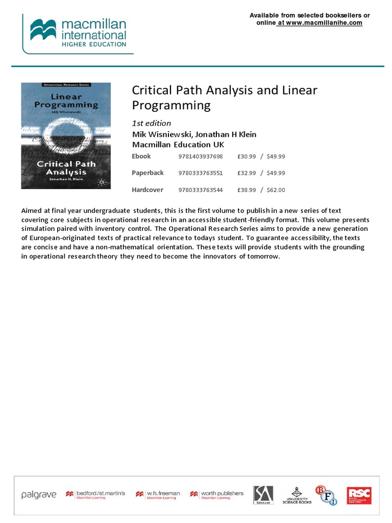 Critical Path Analysis and Linear Programming: 1st Edition | PDF