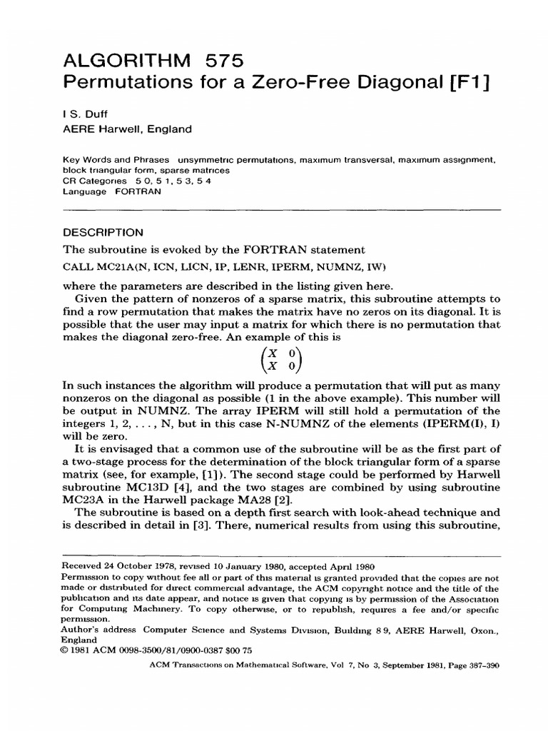 1981 ALGORITHM 575 - Permutations For A Zero-Free Diagonal (F1) | PDF ...