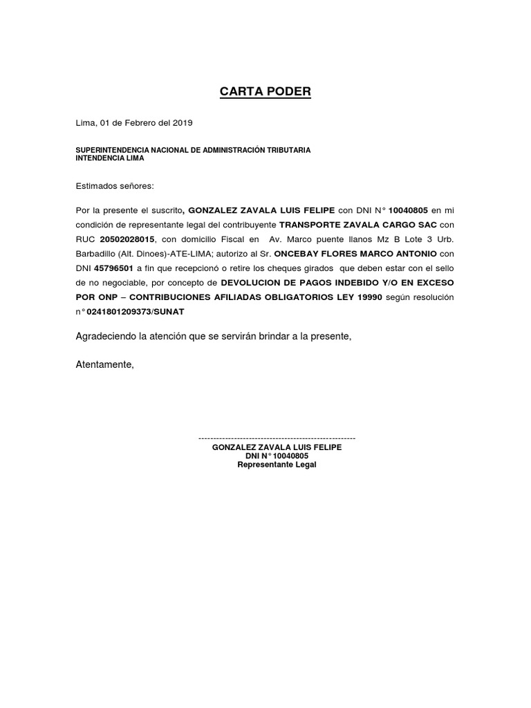 Carta Poder Devolucion de Pago en Exceso Recojo de Cheque | PDF