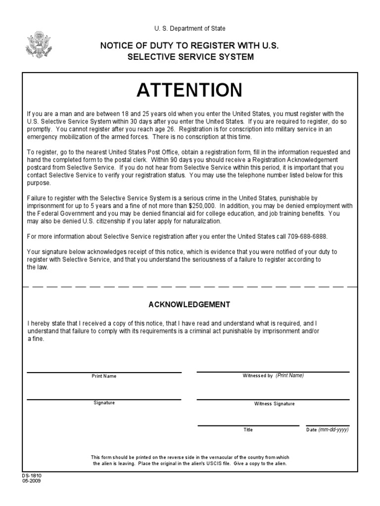 Attention: Notice of Duty To Register With U.S. Selective Service ...