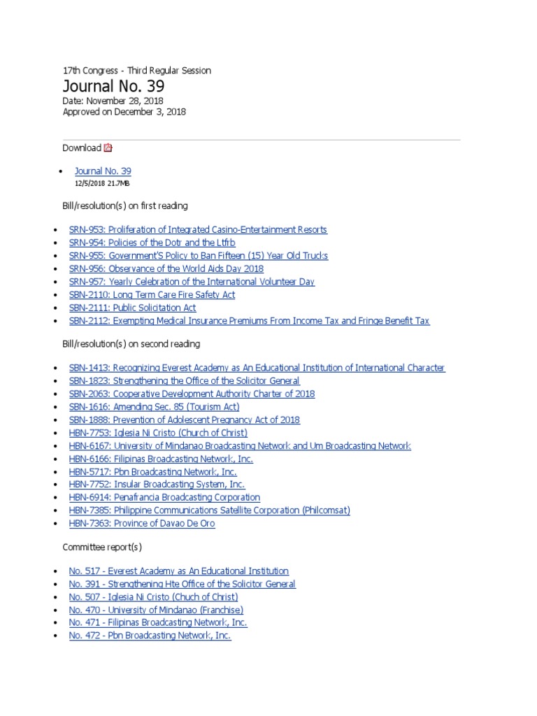 Journal No. 39: 17th Congress - Third Regular Session Date: November 28, 2018 Approved On ...