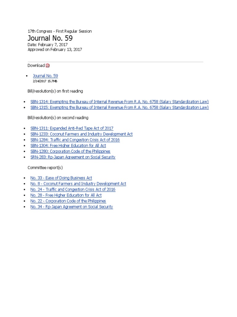 Journal No. 59: 17th Congress - First Regular Session Date: February 7, 2017 Approved On ...