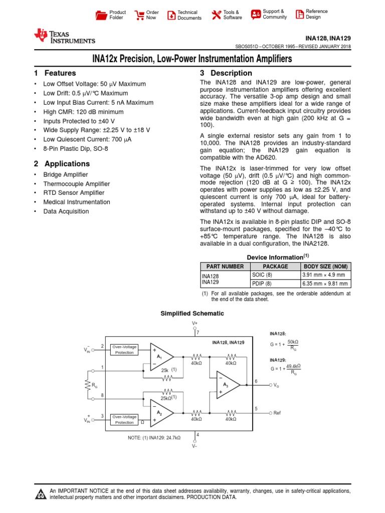 INA12x Precision, Low-Power Instrumentation Amplifiers: 1 Features 3 ...