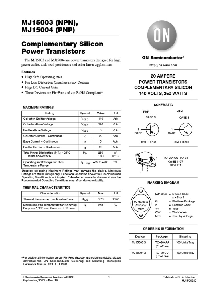 MJ15003 (NPN), MJ15004 (PNP) Complementary Silicon Power Transistors ...
