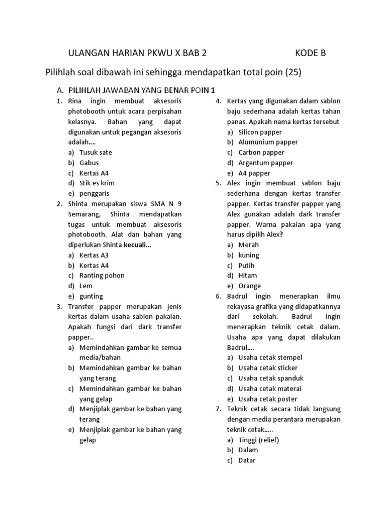 Ulangan Harian Pkwu Bab 2 Kode B | PDF | Seni