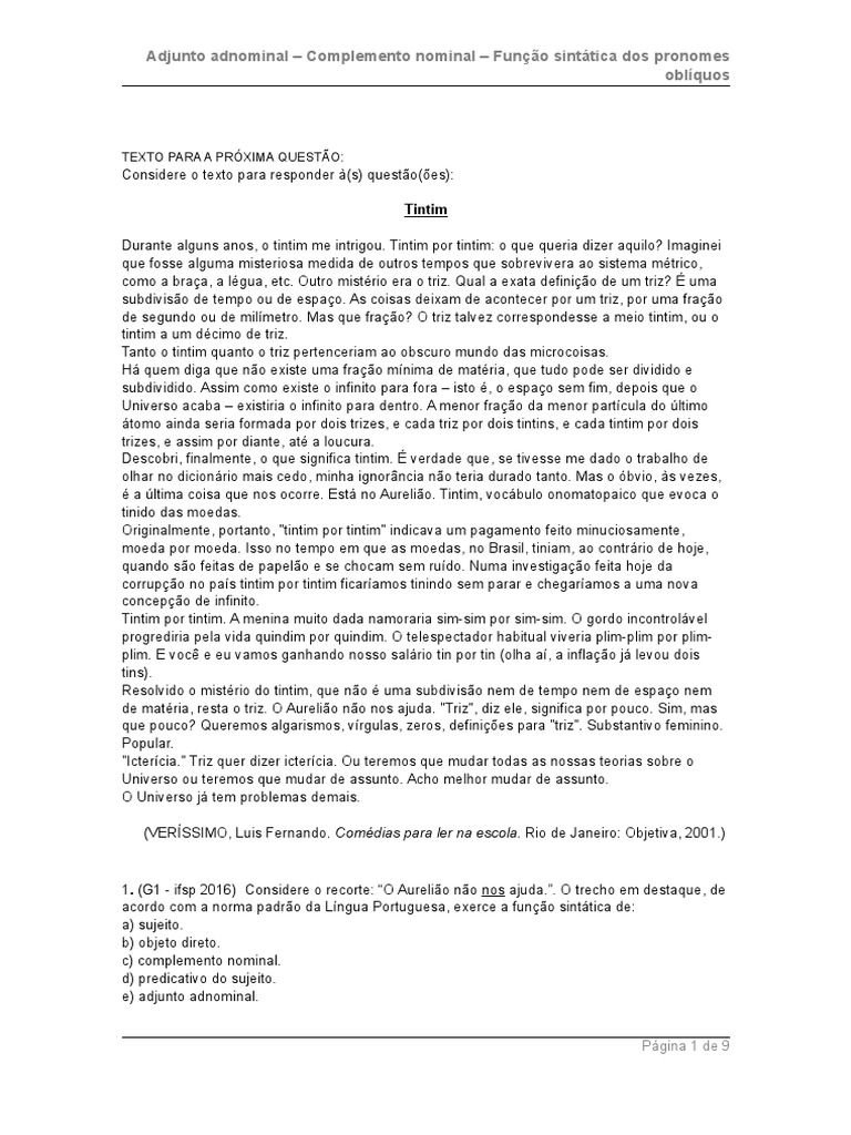 Adjunto Adnominal Complemento Nominal | PDF | Pronome | Gramática