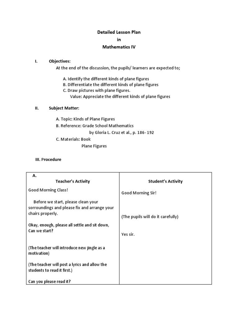 Detailed Lesson Plan in Mathematics IV Plane Figures | PDF | Rectangle ...
