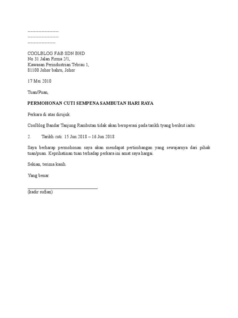 Contoh Surat Cuti Hari Raya | PDF