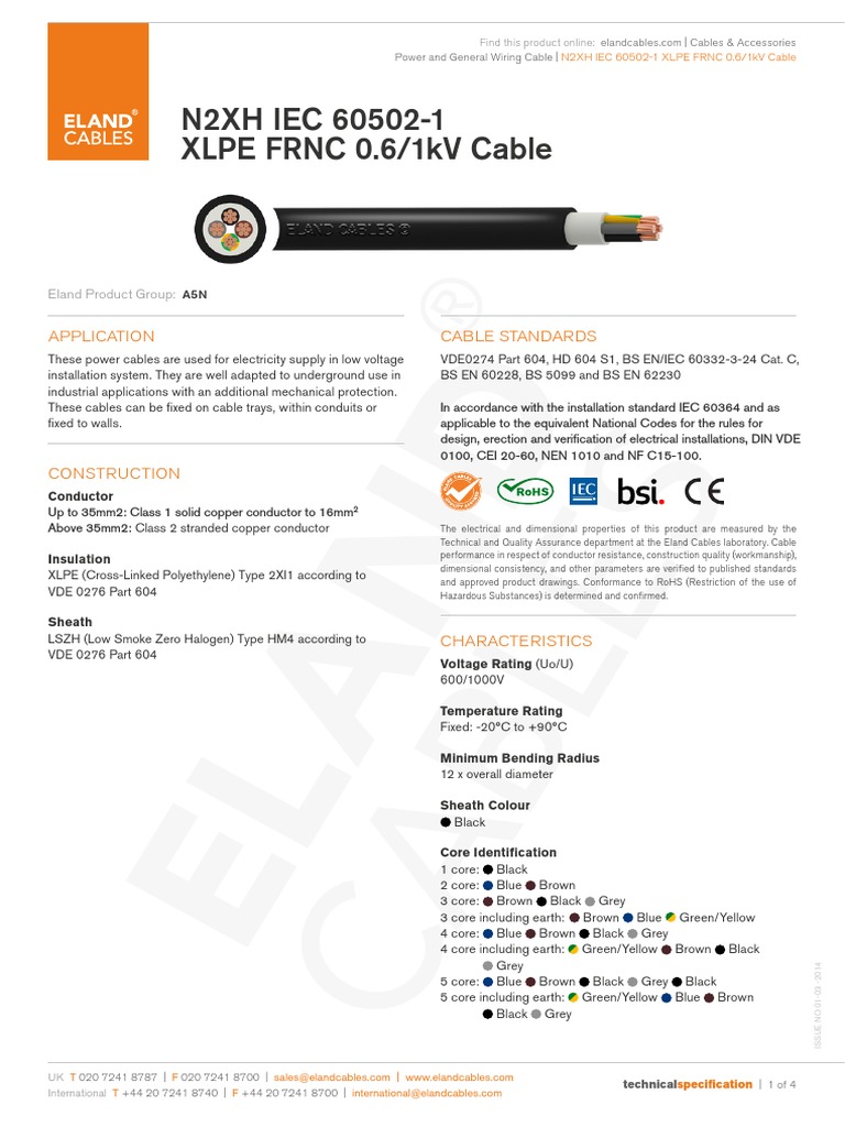 N2XH IEC 60502-1 XLPE FRNC 0.6/1kV Cable | PDF | Electrical Wiring ...