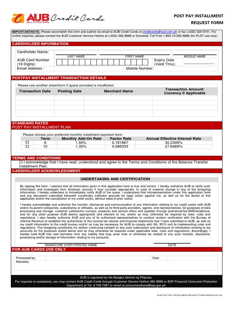 Post Pay Installment Request Form: Cardholder Information | PDF ...