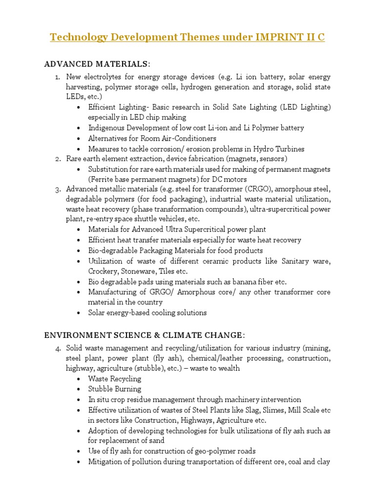 Technology Development Themes Under IMPRINT II C: Advanced Materials ...