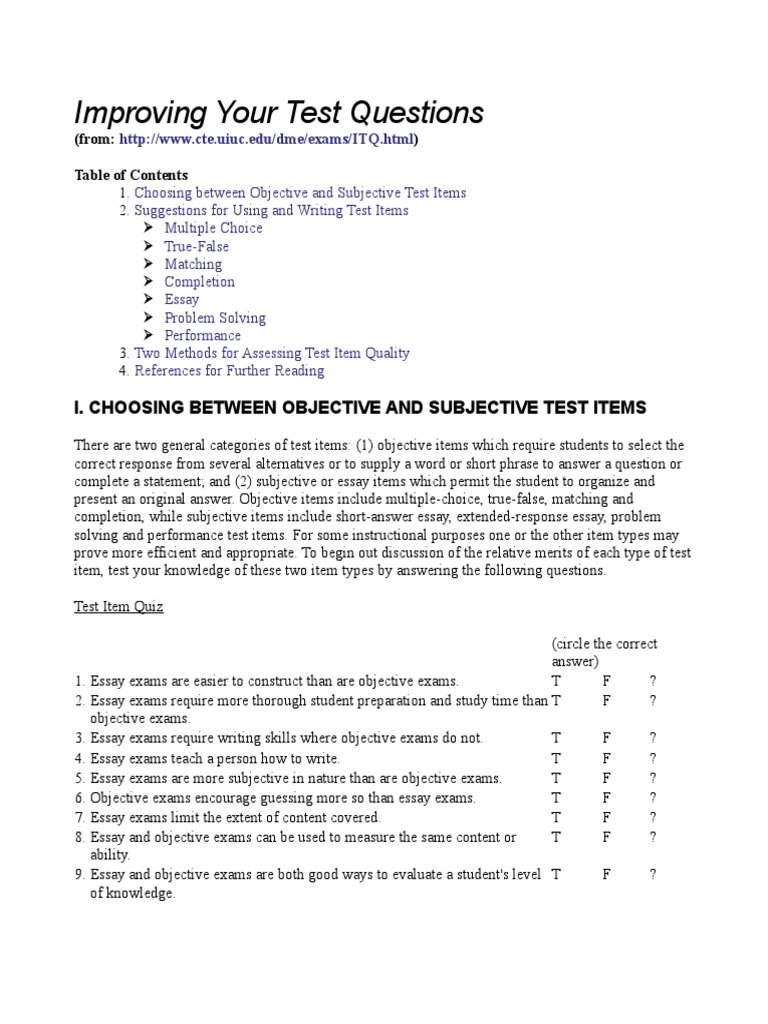 Improving Your Test Questions: I. Choosing Between Objective and ...