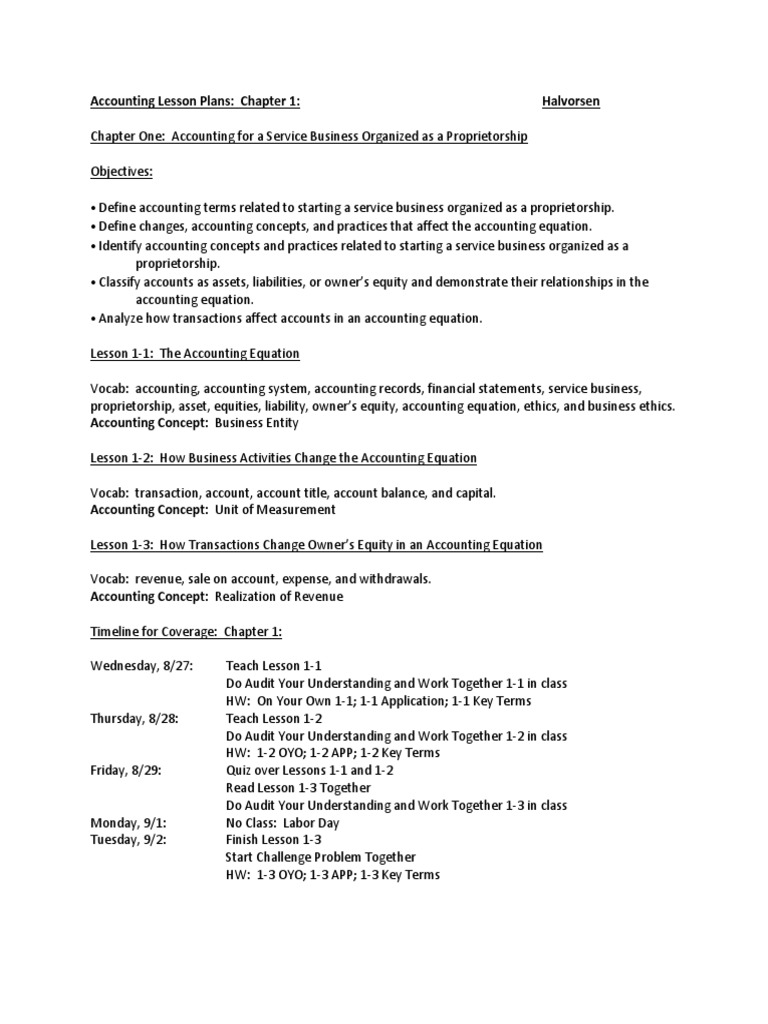 Accounting Lesson Plans for Chapter 1 | PDF