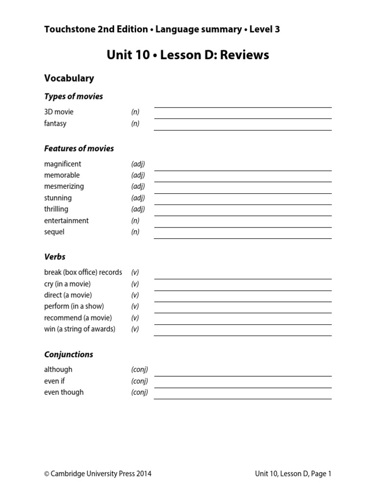 Unit 10 - Lesson D: Reviews: Touchstone 2nd Edition - Language Summary - Level 3 | PDF