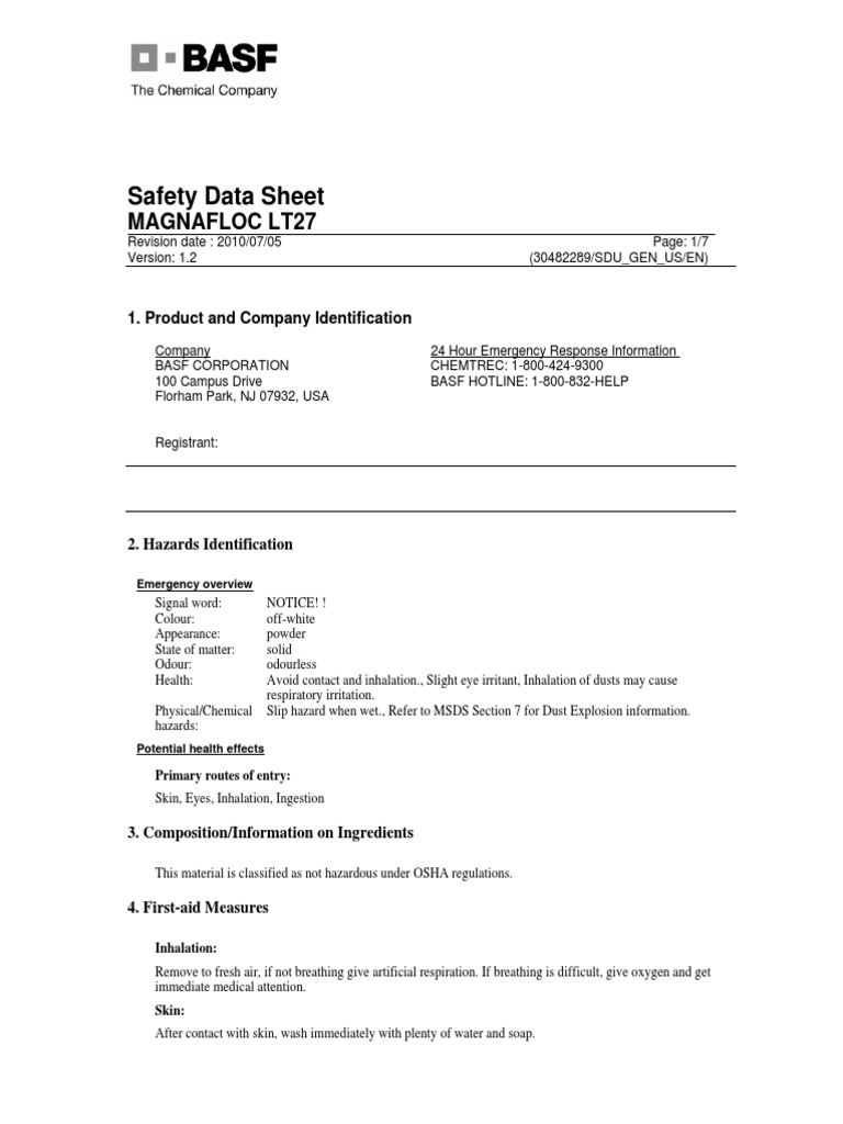 Magnafloc LT27 MSDS | PDF | Toxicity | Resource Conservation And ...