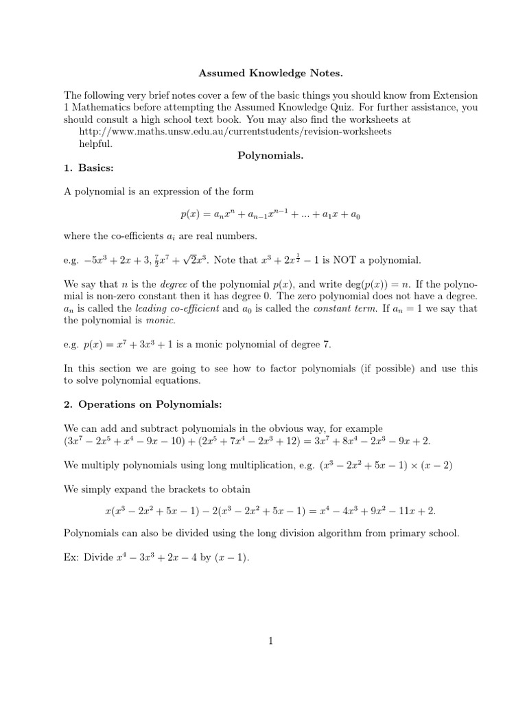 HSC Maths Extension 1 Notes PDF | PDF | Polynomial | Factorization