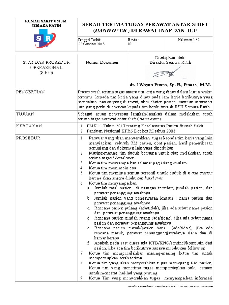 Prosedur Handover Perawat di RSU Semara Ratih | PDF