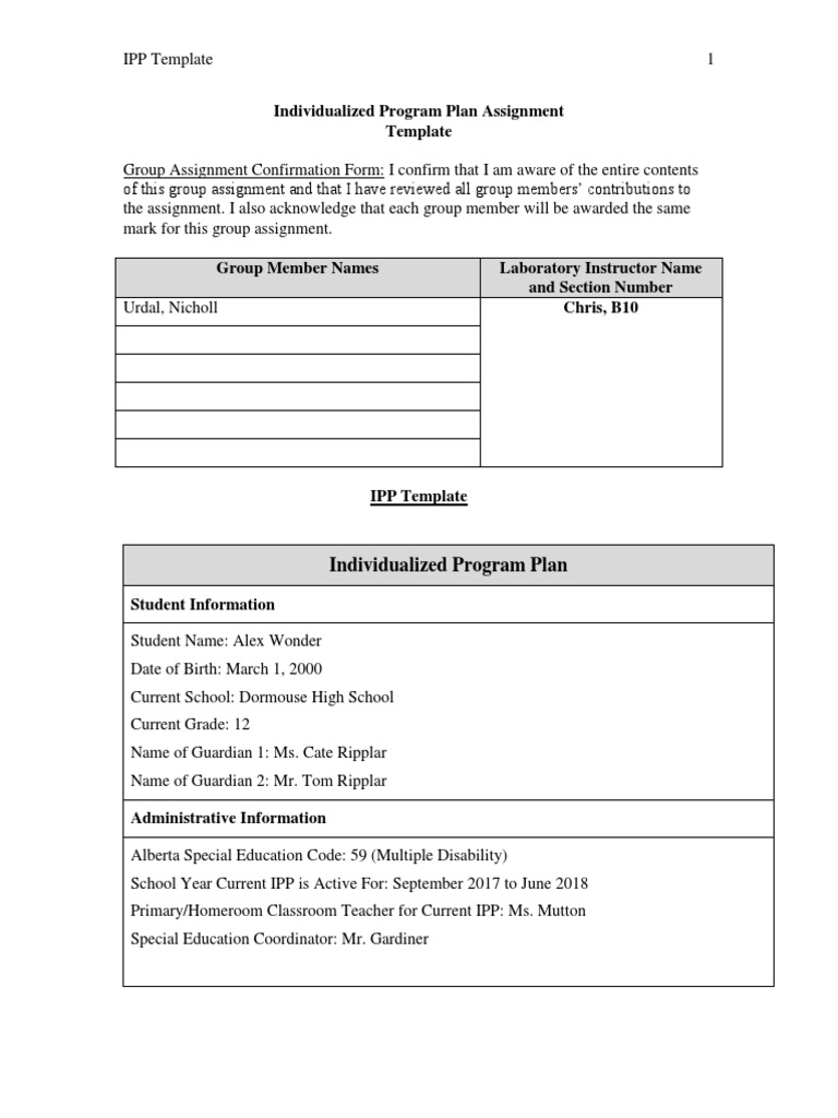 Individualized Program Plan Assignment Template | Download Free PDF ...