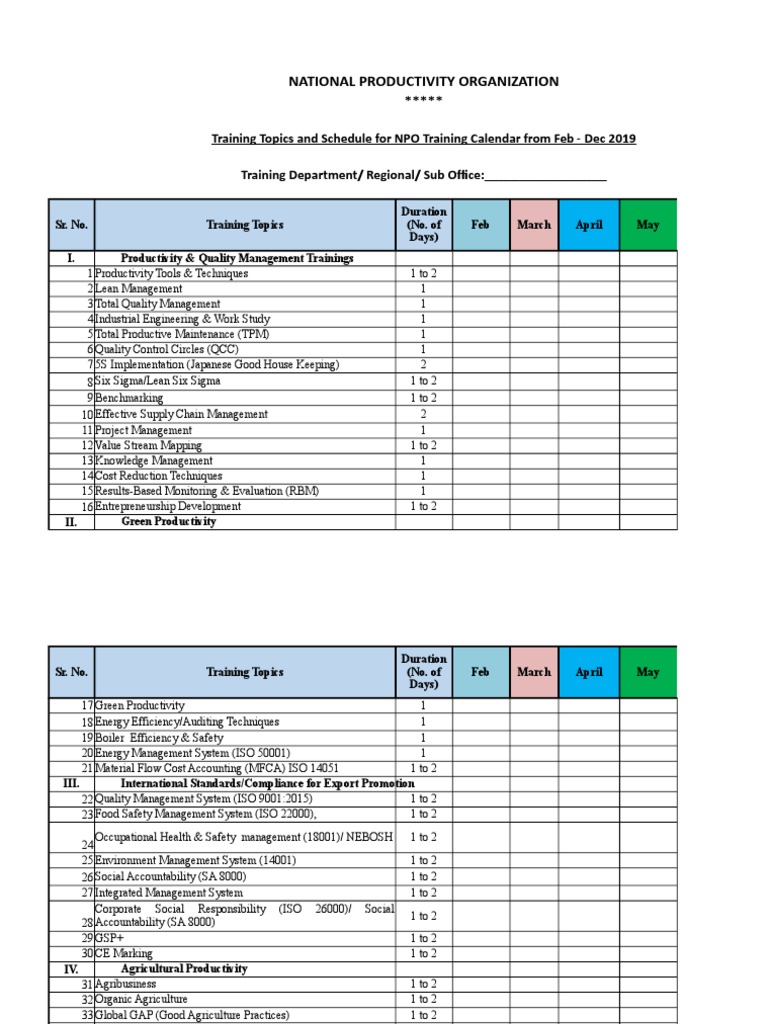 Training Topics and Schedule | PDF | Lean Manufacturing | Quality ...