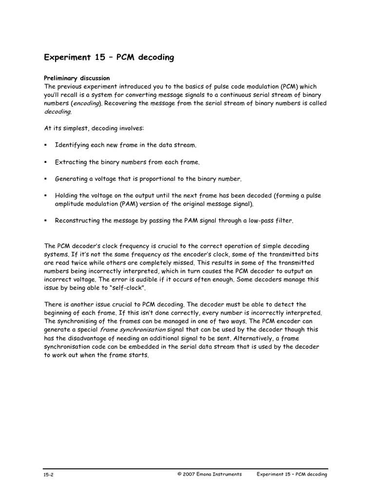 © 2007 Emona Instruments Experiment 15 - PCM Decoding 15-2 | PDF | Digital Signal | Codec